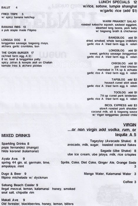 Menu at Jeepney restaurant, New York City