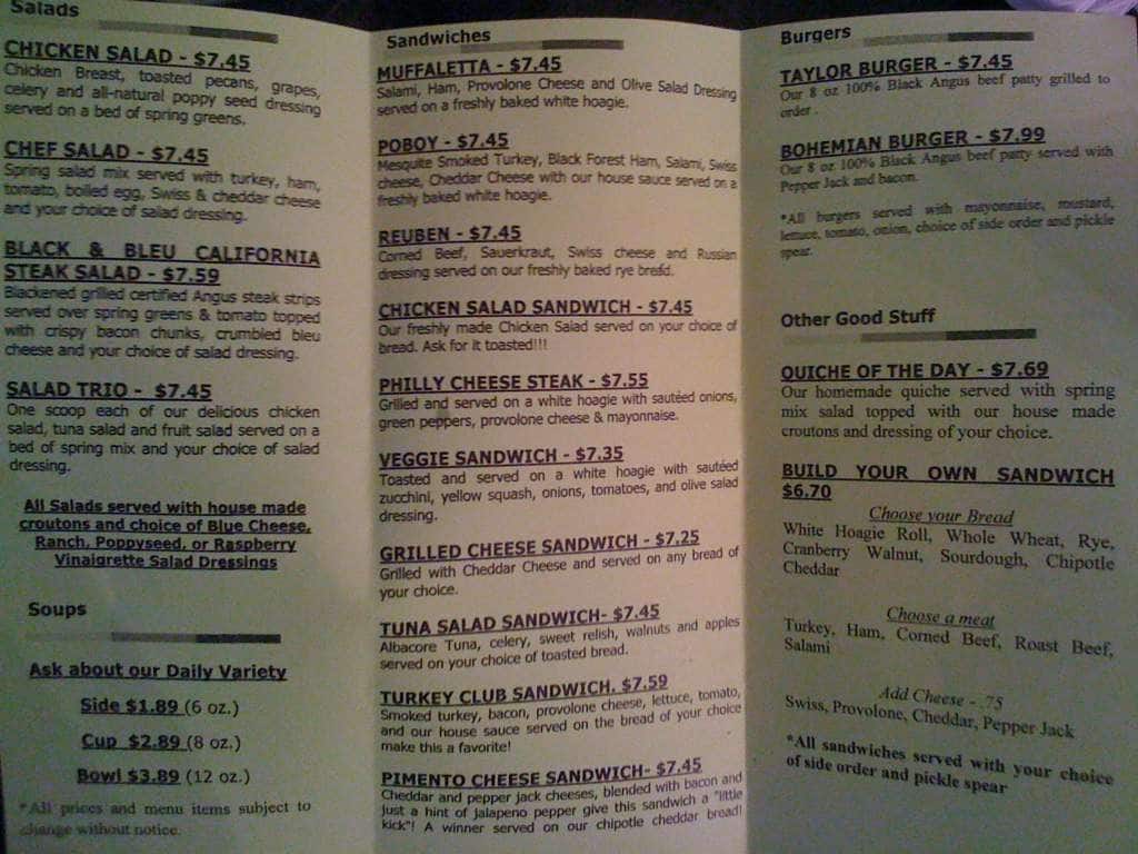 Menu at Taylor Center Deli cafe, Corpus Christi
