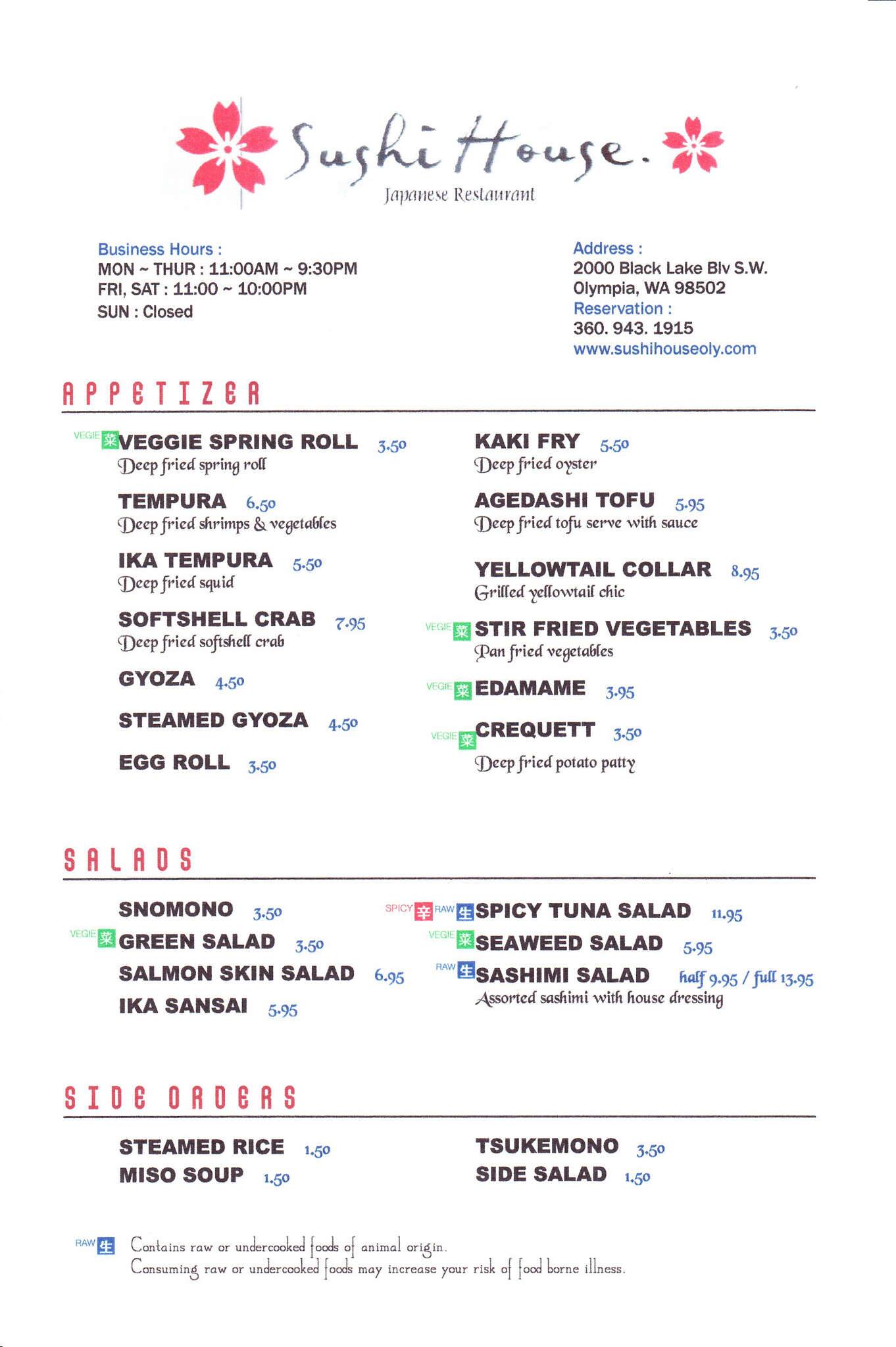Menu at Sushi House restaurant, Olympia