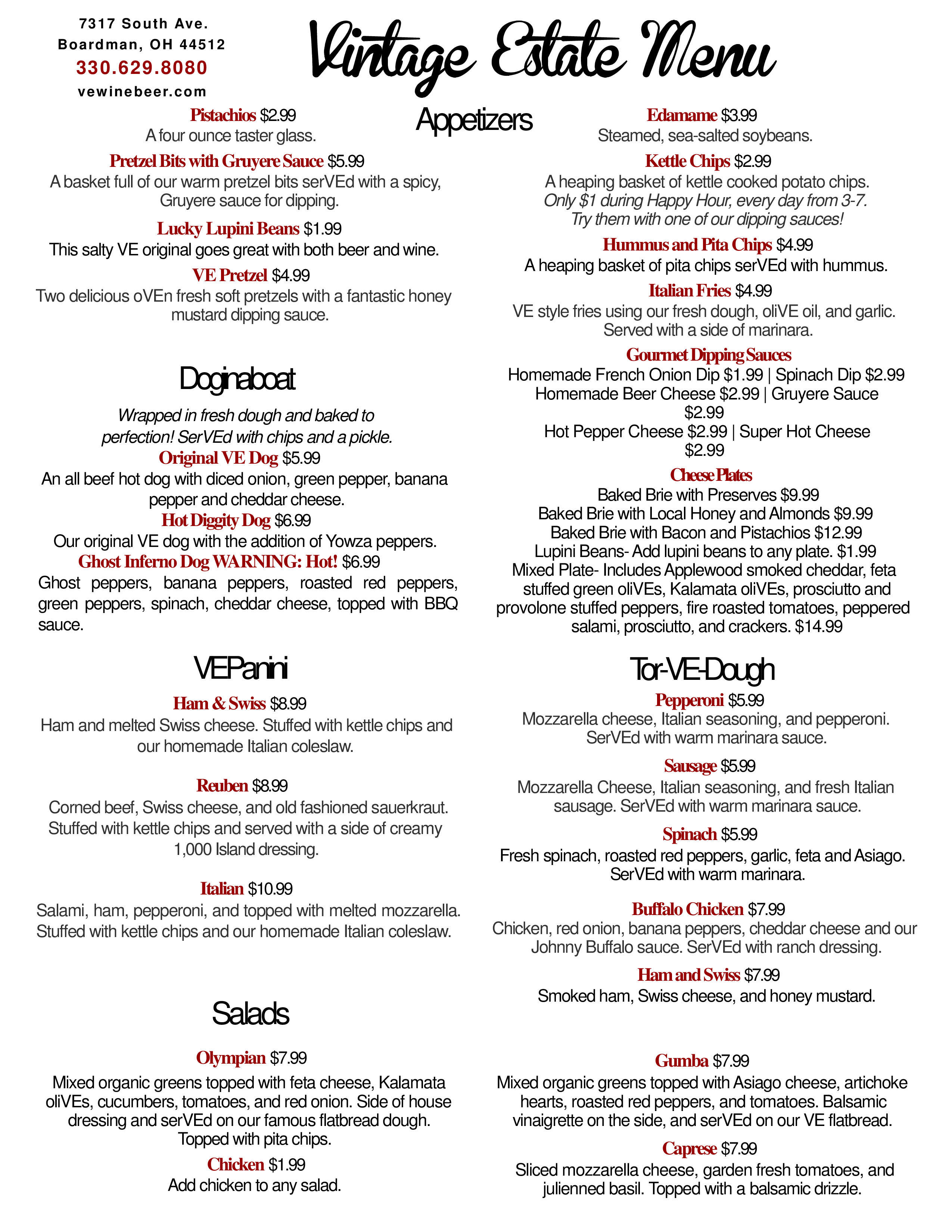 Menu at Vintage Estate Wine and Beer pub & bar, Boardman