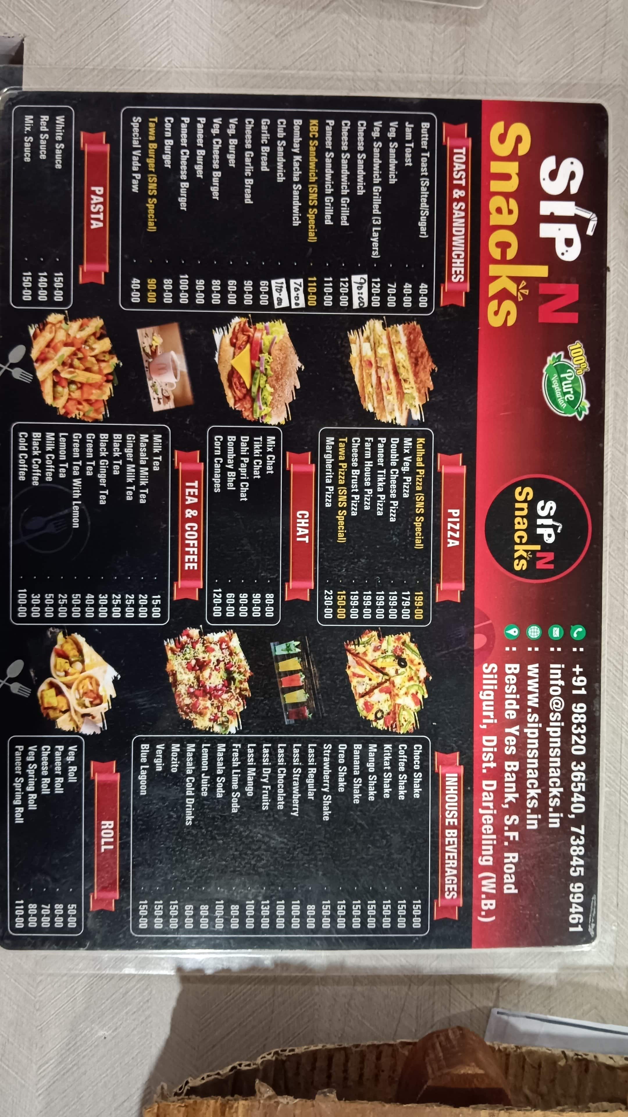Menu of Sip N Snacks, Khalpara, Siliguri