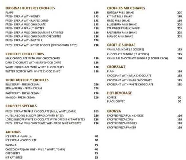 Menu of Croffle, Electronic City, Bangalore