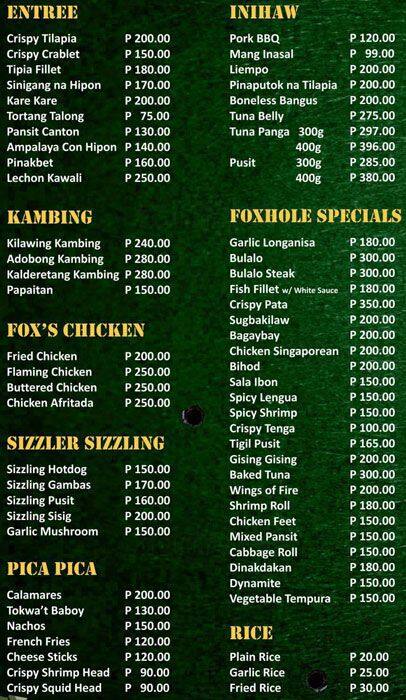 Menu at Foxhole Bar And Grill, Mandaluyong