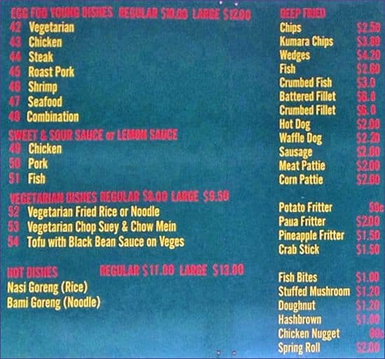 Menu at Fu Da Takeaway restaurant, Lower Hutt