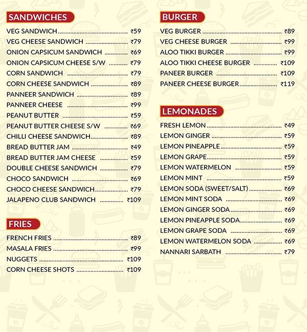 Menu at Youth Coffee House, Chennai