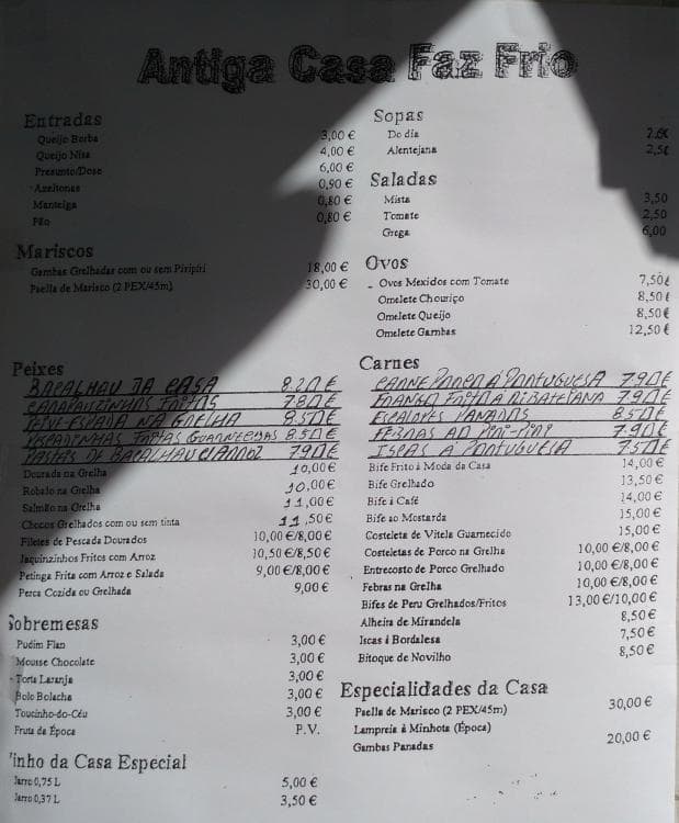 Menu at Antiga Casa Faz Frio restaurant, Lisbon