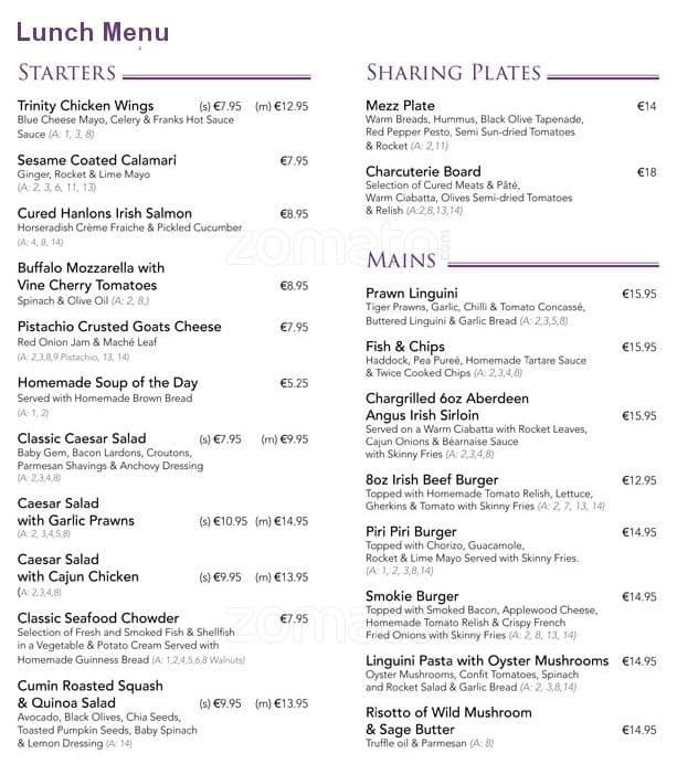 Menu at The Trinity City Hotel restaurant, Dublin