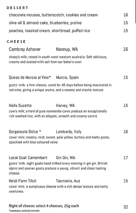 Menu at Bread in Common restaurant, Fremantle