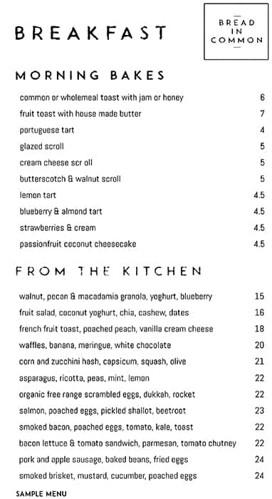 Menu at Bread in Common restaurant, Fremantle