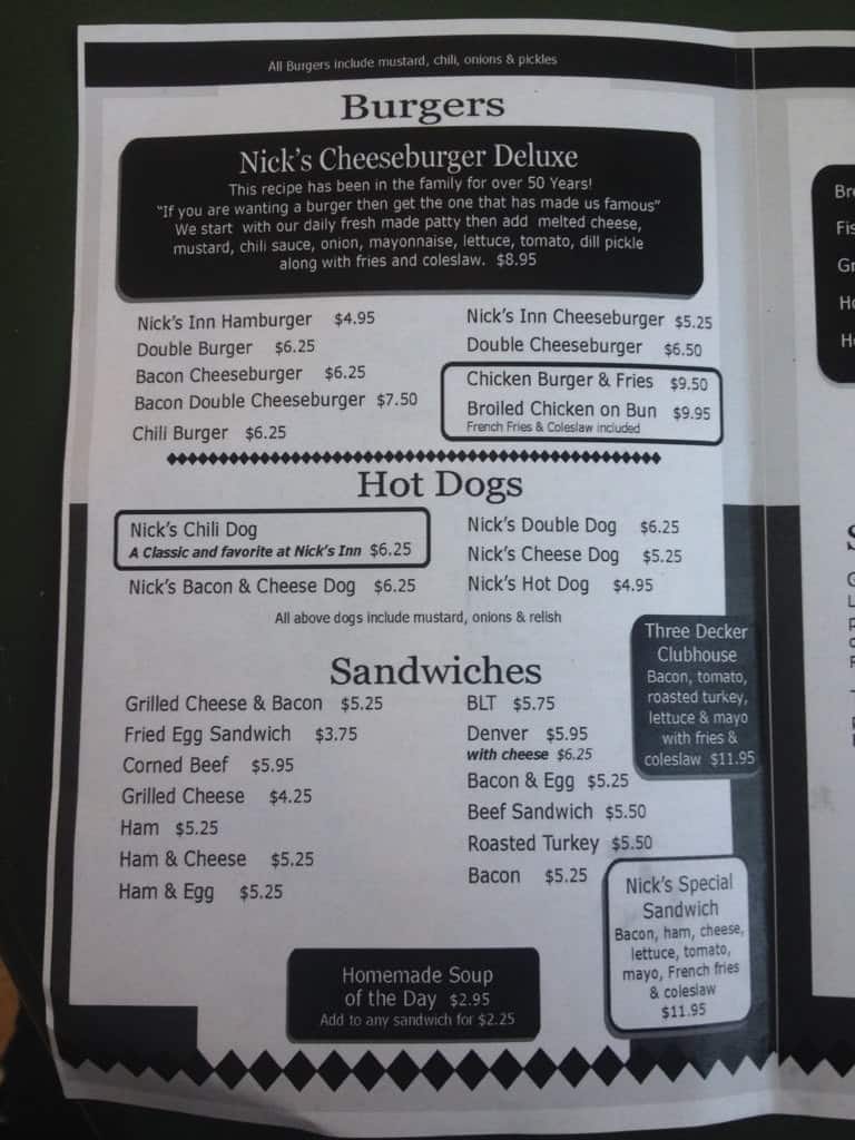 Menu at Nick's Inn restaurant, Headingley