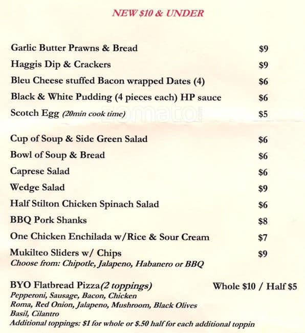 Menu at The Scotsman Bistro pub & bar, Mukilteo