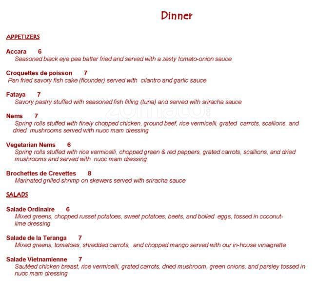 Menu at Teranga pub & bar, Boston
