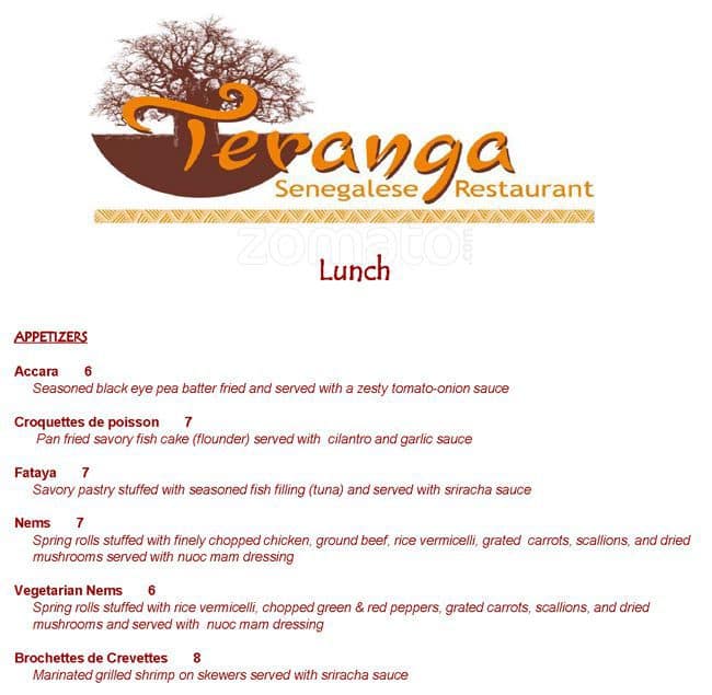Menu at Teranga pub & bar, Boston