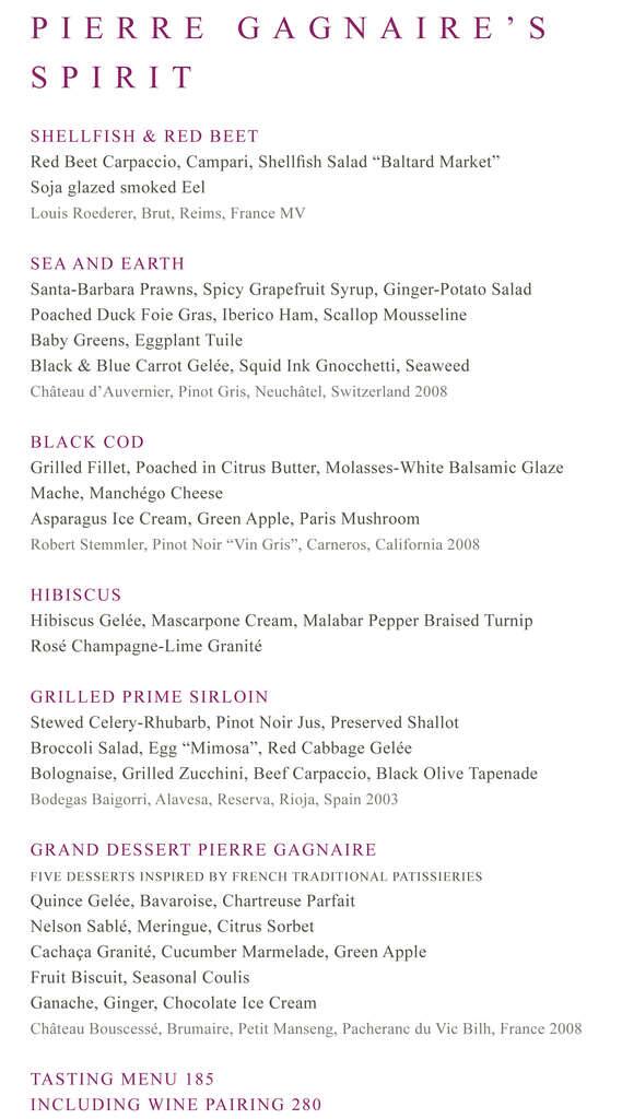 Menu at Twist by Pierre Gagnaire restaurant, Las Vegas