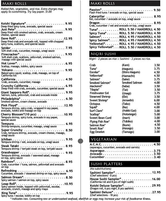 Menu at Koishi restaurant, Charlotte