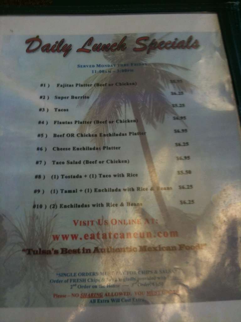 Menu at Cancun restaurant, Tulsa