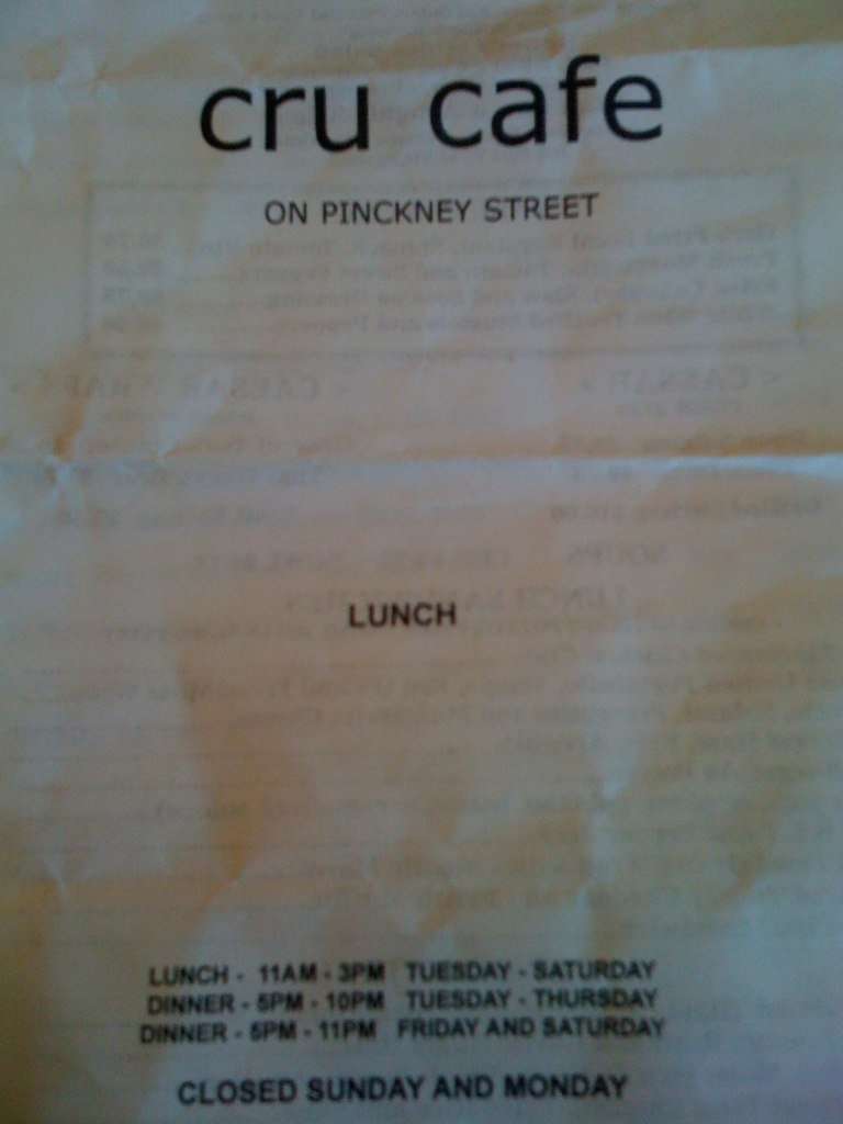 Menu at Cru Cafe, Charleston