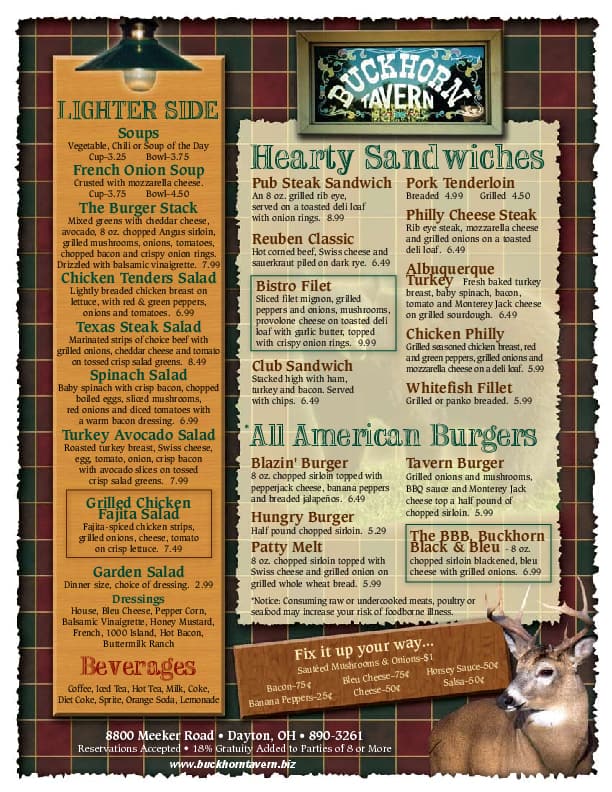 Menu at Buckhorn Tavern steakhouse, Dayton