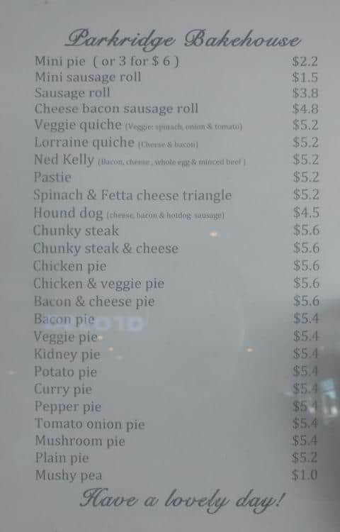 Menu at Park Ridge cafe, Park Ridge