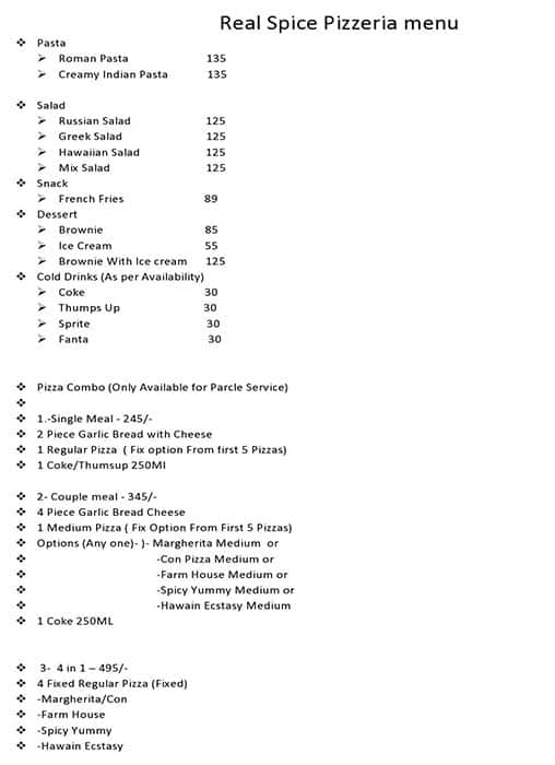 Menu at Real Spice Pizzeria, Ahmedabad, 1st Floor