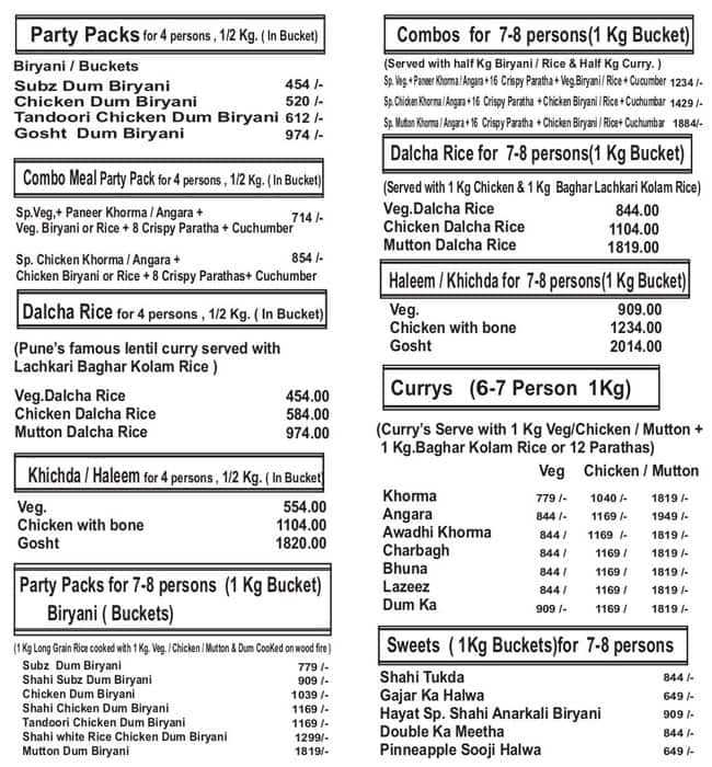 Menu of Hayat Biryani Factory, Chinchwad, Pune