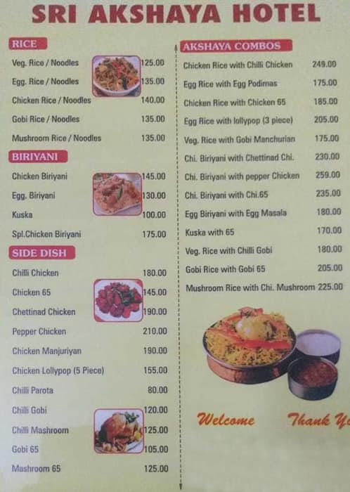 Menu of Akshaya Hotel, Perungudi, Chennai