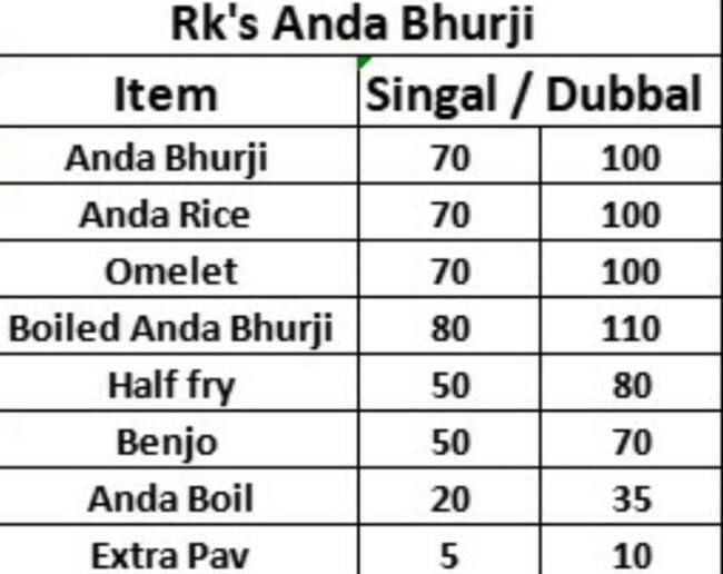 Menu of RK's Anda Bhurji, Karve Nagar, Pune