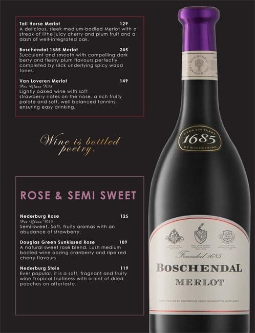 Menu at CAPPELLO restaurant, Johannesburg, Lillian Ngoyi Street