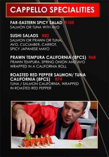 Menu at CAPPELLO restaurant, Johannesburg, Lillian Ngoyi Street