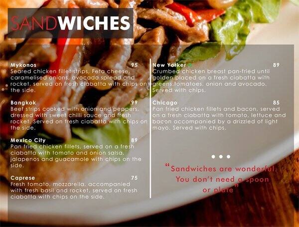 Menu at CAPPELLO restaurant, Johannesburg, Lillian Ngoyi Street