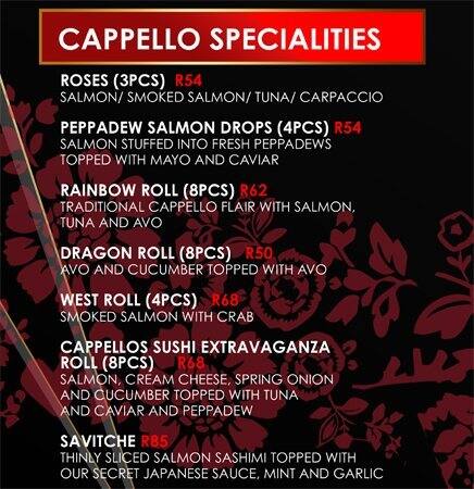 Menu at CAPPELLO restaurant, Johannesburg, Lillian Ngoyi Street