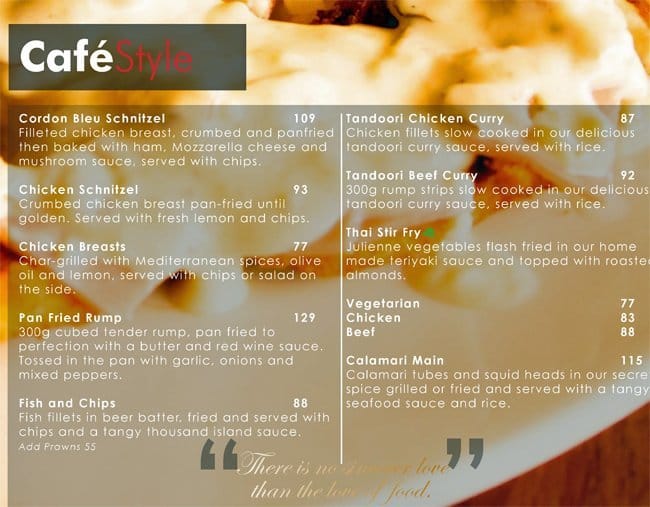 Menu at CAPPELLO restaurant, Johannesburg, Lillian Ngoyi Street