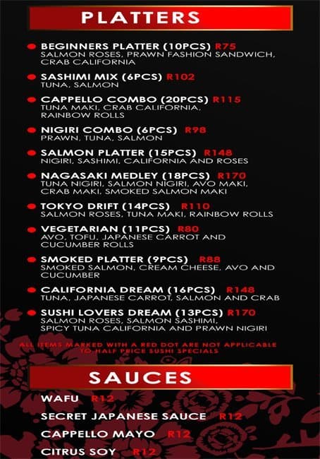 Menu at CAPPELLO restaurant, Johannesburg, Lillian Ngoyi Street