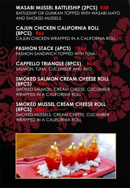 Menu at CAPPELLO restaurant, Johannesburg, Lillian Ngoyi Street