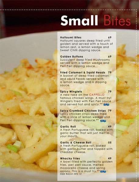 Menu at CAPPELLO restaurant, Johannesburg, Lillian Ngoyi Street