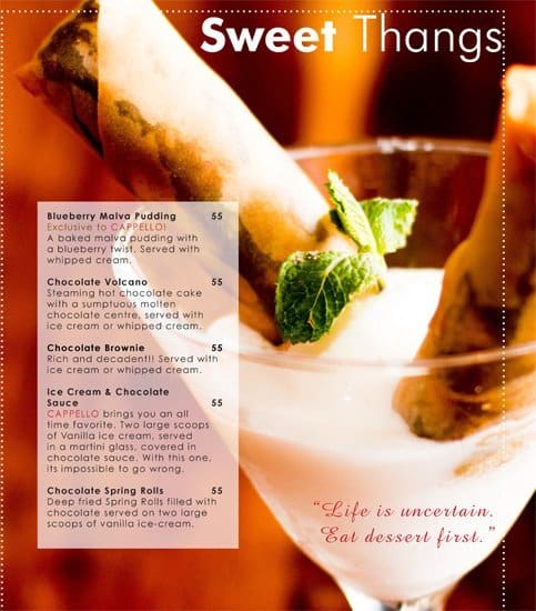 Menu at CAPPELLO restaurant, Johannesburg, Lillian Ngoyi Street