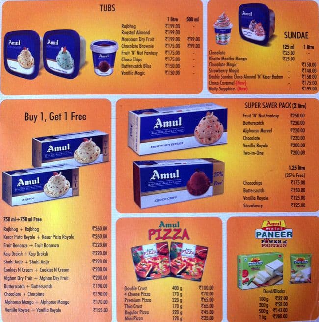 Menu at Amul, Majorda, Opposite Hari Mandir