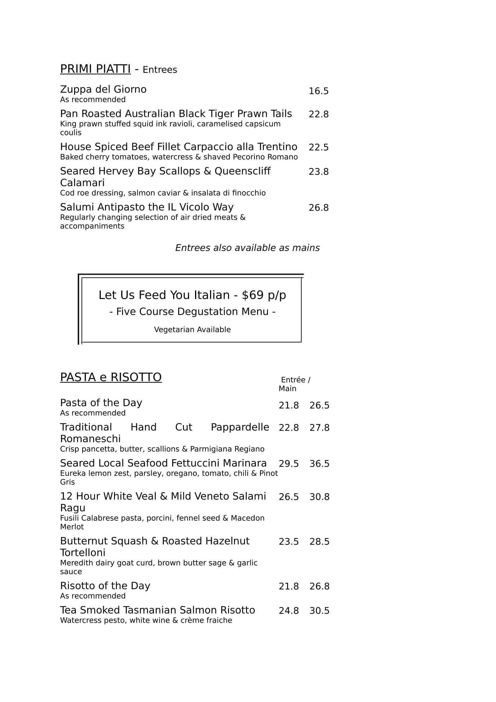 Menu at IL Vicolo Courtyard Restaurant, Carlton