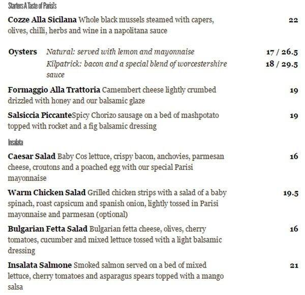Menu at Sorelle Restaurant, Adelaide