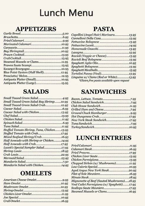 Menu at LUCETI'S on 25th restaurant, San Mateo
