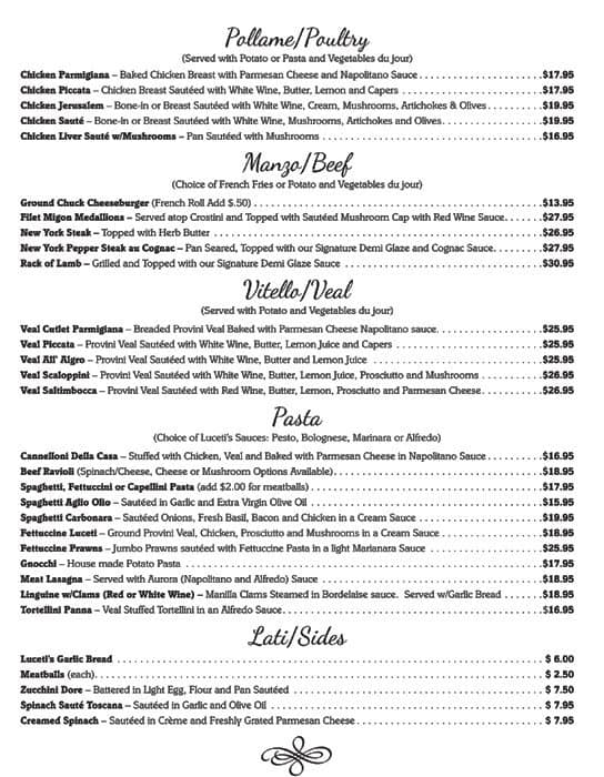 Menu at LUCETI'S on 25th restaurant, San Mateo