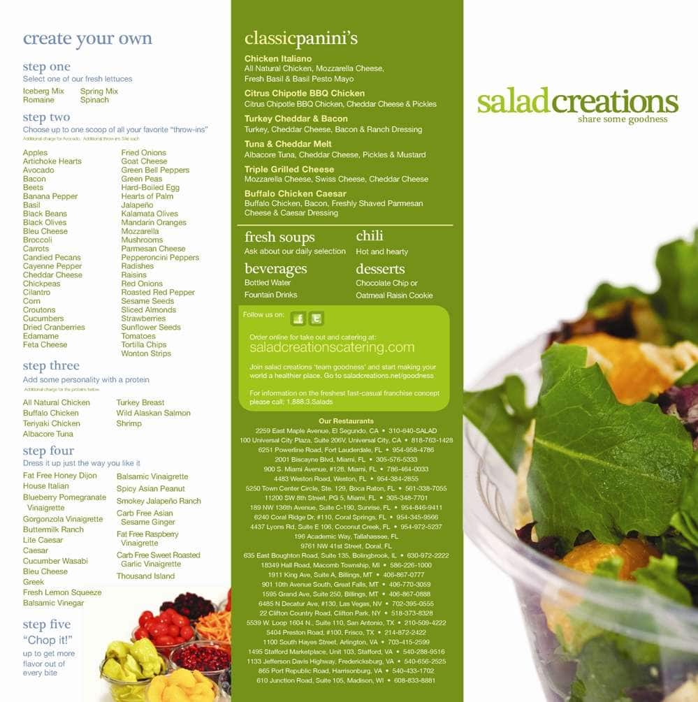 Menu at Salad Creations restaurant, Miami, SW 8th St