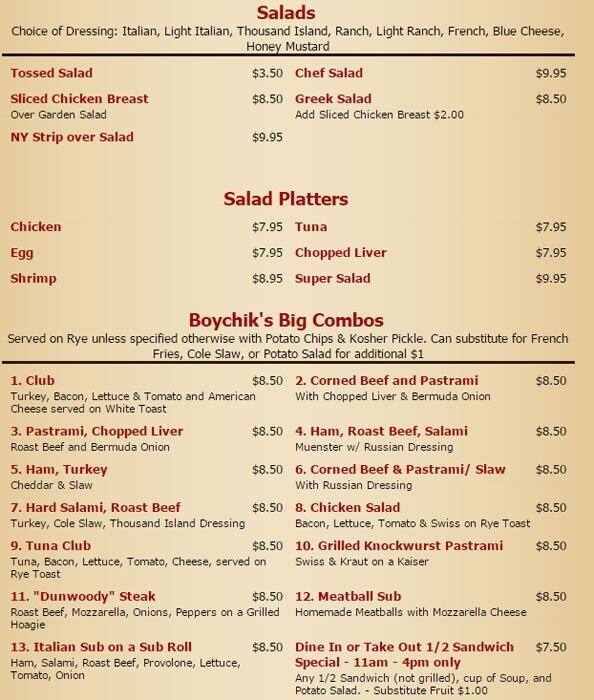 Menu at Boychiks Deli restaurant, Tuckahoe