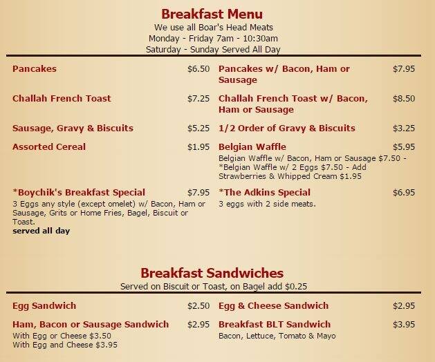 Menu at Boychiks Deli restaurant, Tuckahoe