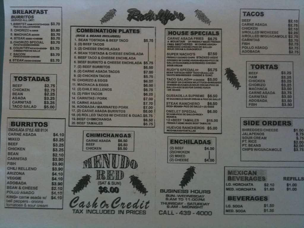 Menu at Rodolfo'S Taco Shop restaurant, Sierra Vista