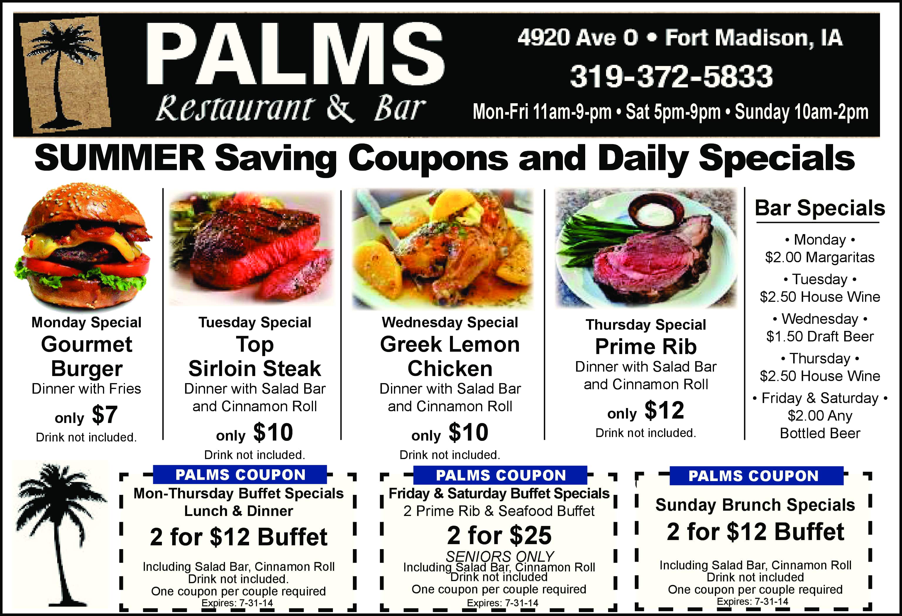 Menu at Palms Restaurant and Bar, Fort Madison