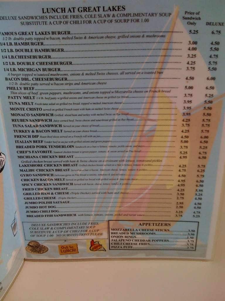 Menu at Great Lakes Cafe, Gary