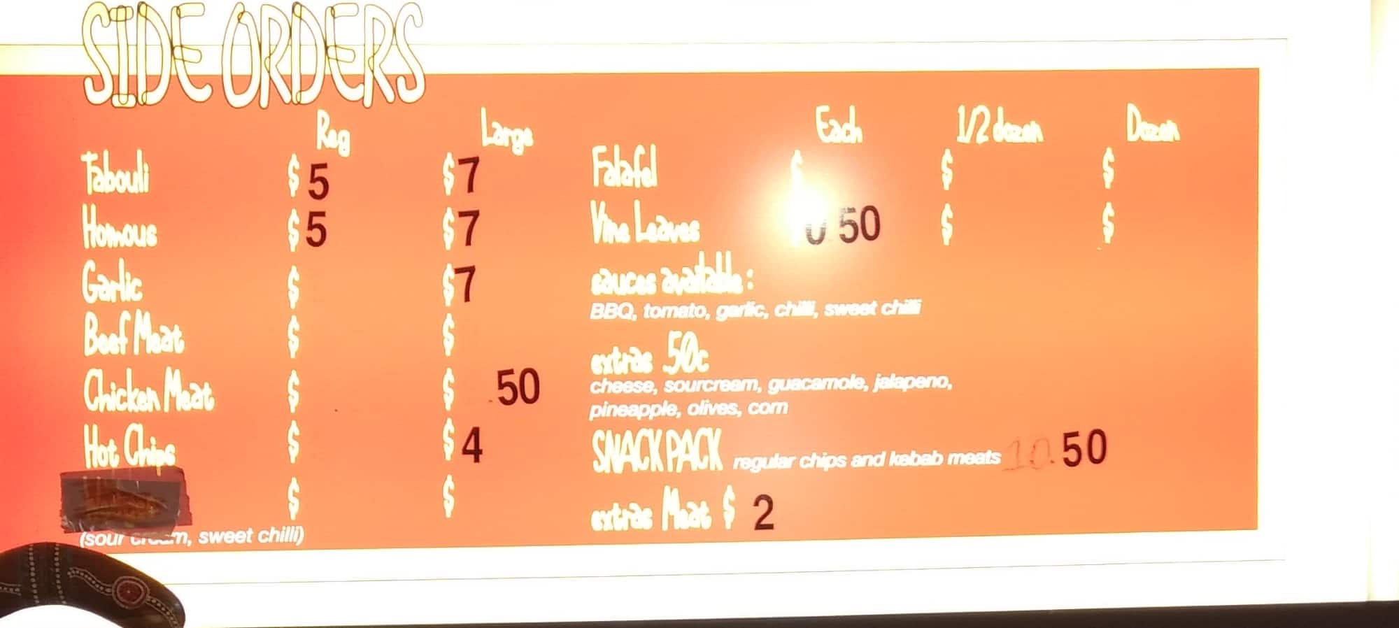 Menu at Sams kebabs restaurant, Minto