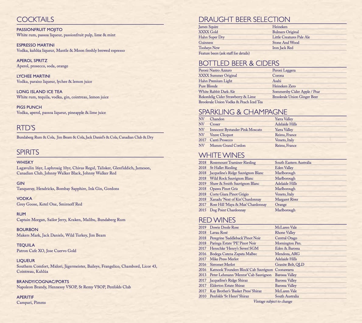 Menu at Pig 'N' Whistle restaurant, Brisbane City