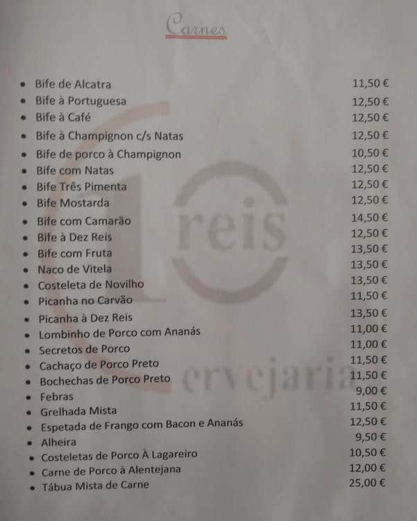Menu at Dez Reis restaurant, Barreiro, R. Calouste Gulbenkian 6C